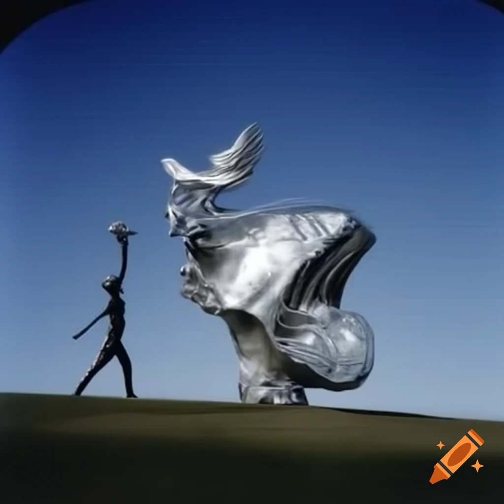 Pop surreal 2000's photography featuring anime-inspired silver statue ...