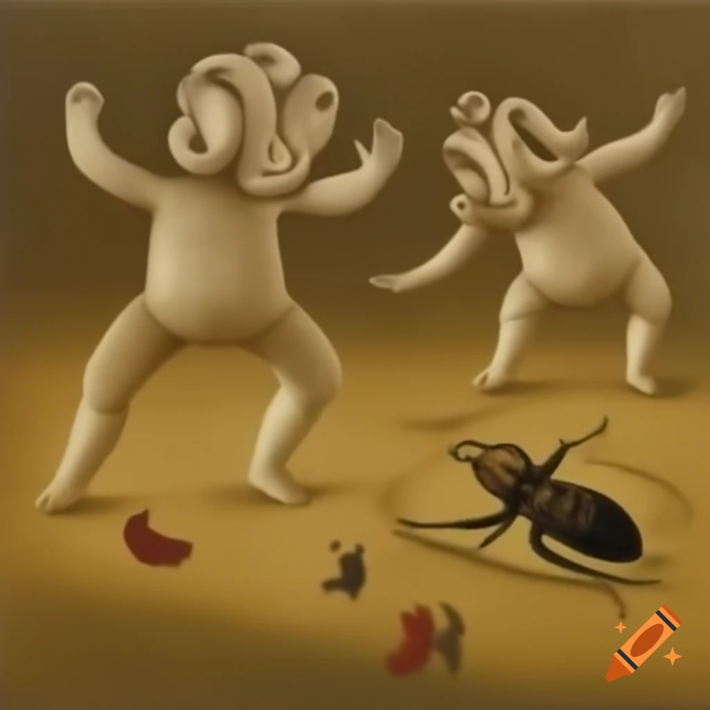 Surreal humanoid creatures dancing with human-animal hybrids and ...