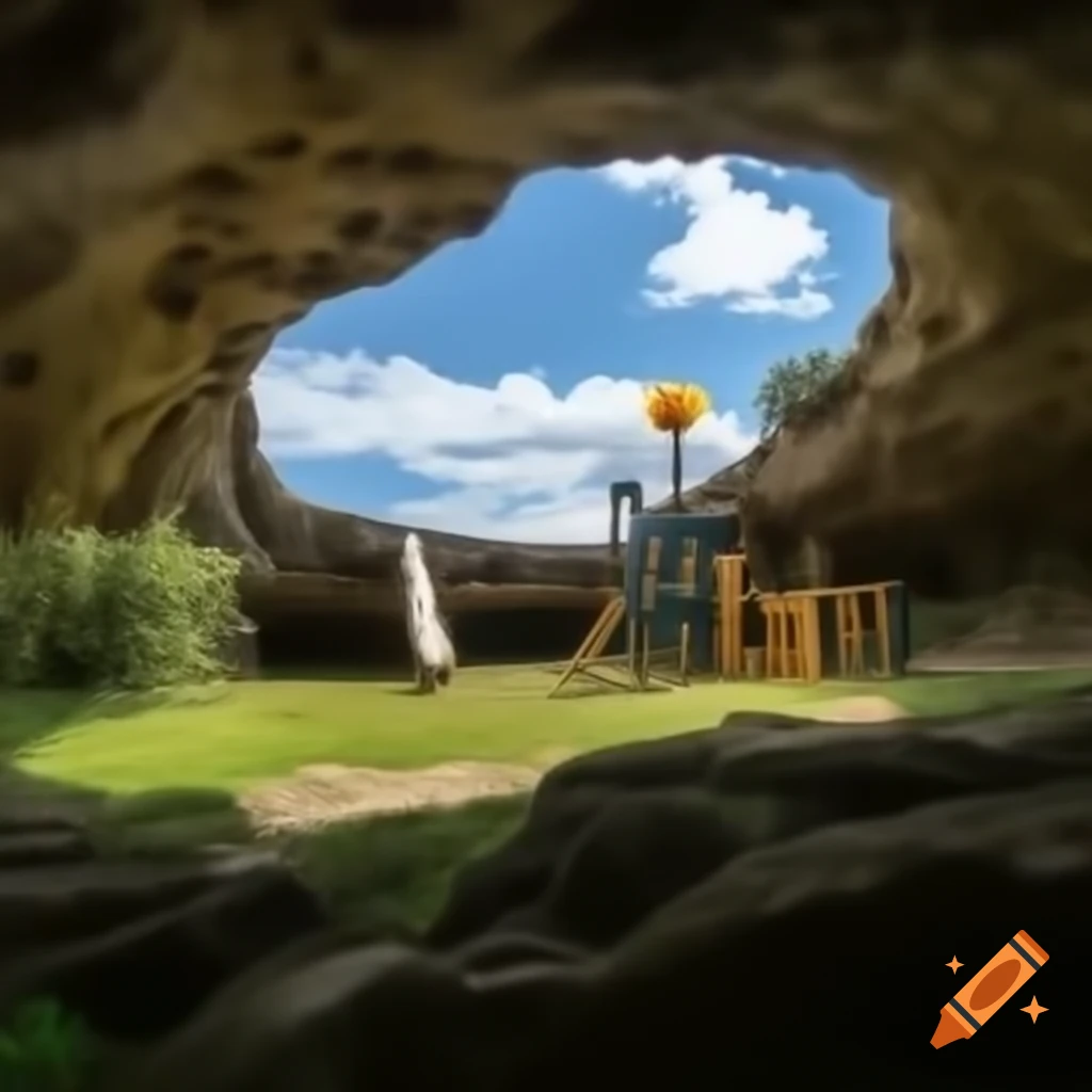 Cave near playground with a single flower inside on Craiyon