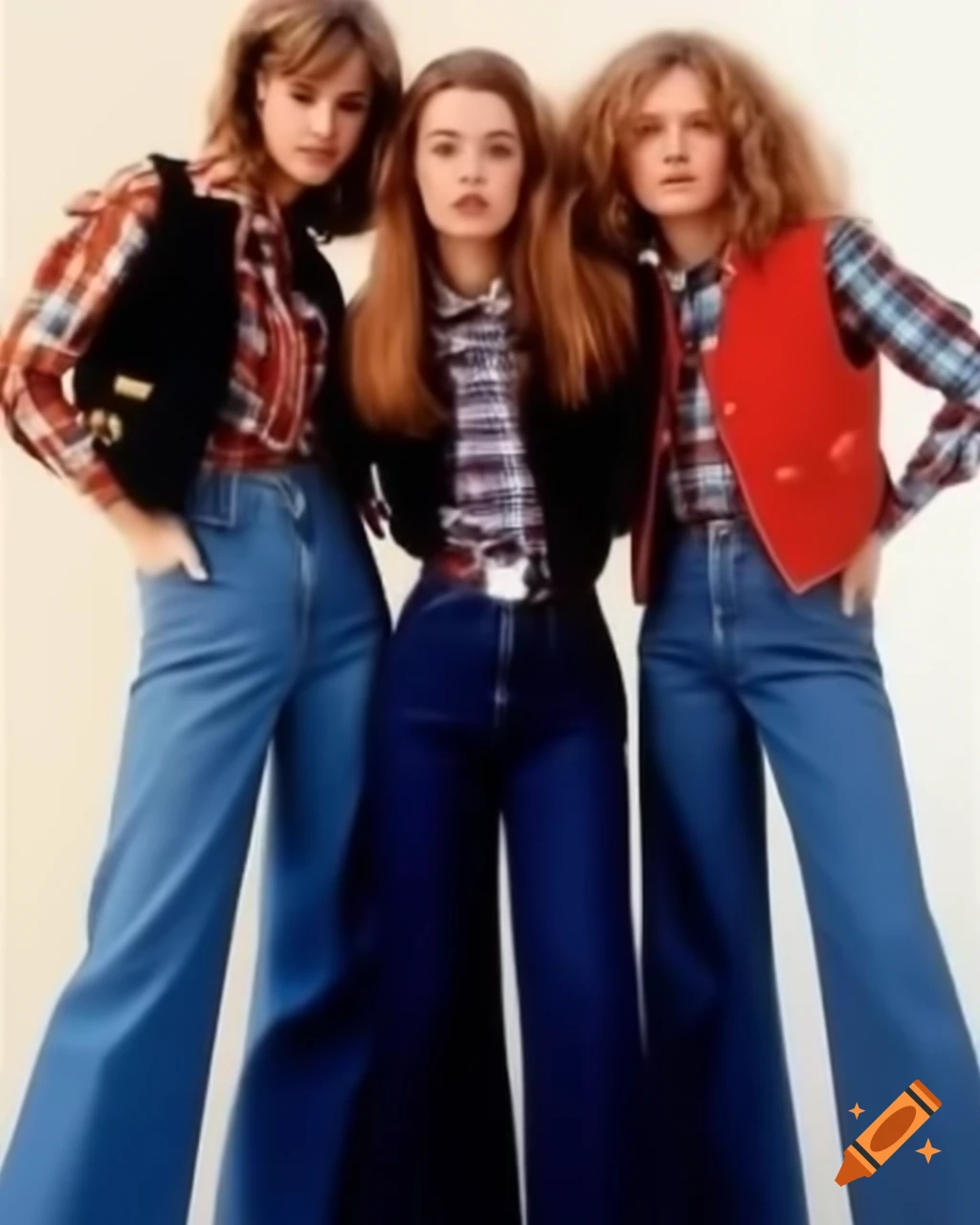 Five young british women in 1970s vintage style with blue jeans and ...
