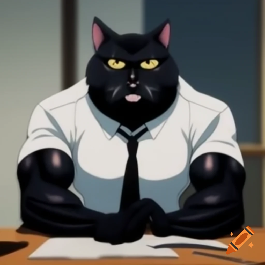 Muscle bound cat in shirt and tie flipping a desk with angry expression ...