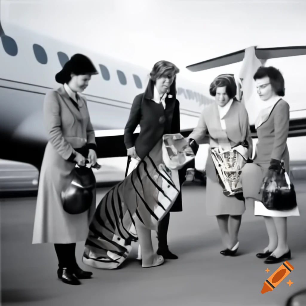 Women walking tiger on leash at airport on Craiyon