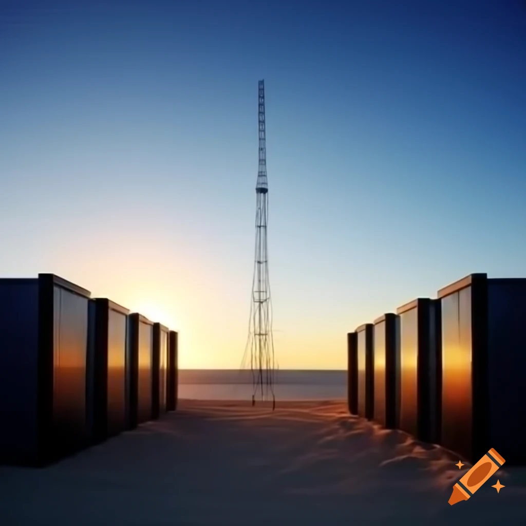 Tall antenna mast on beach at sunset with server room base on Craiyon