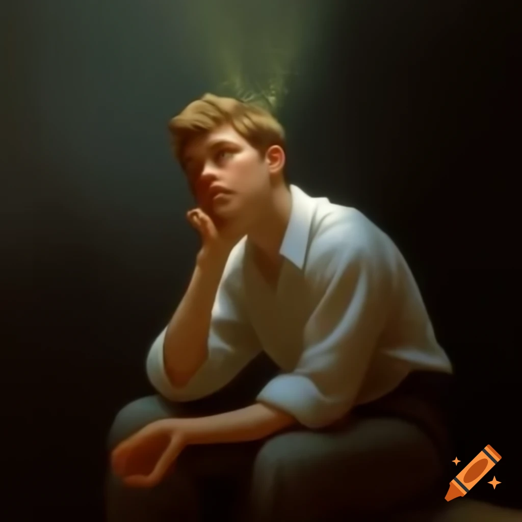 Young man sitting with contemplative expression surrounded by soft ...