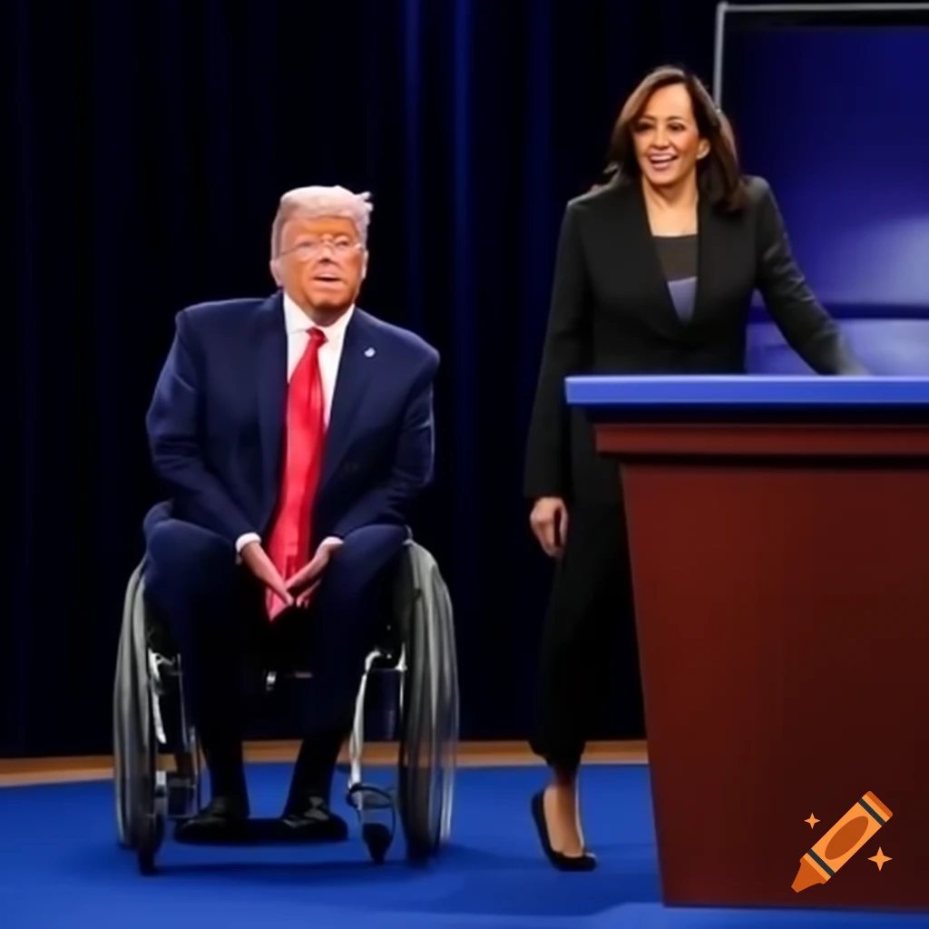 Kamala harris pushing trump in wheelchair onto debate stage on Craiyon