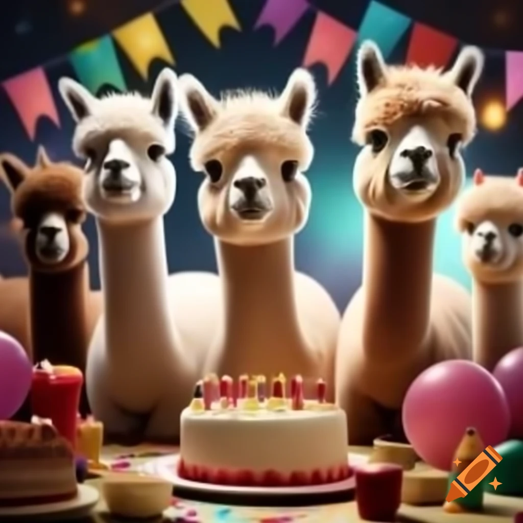 Alpacas celebrating a birthday with cake on Craiyon