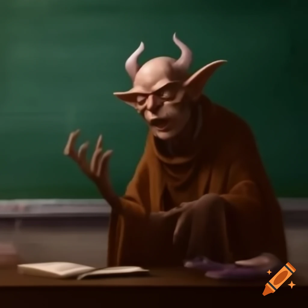 Demon teaching at a chalkboard in a classroom setting on Craiyon