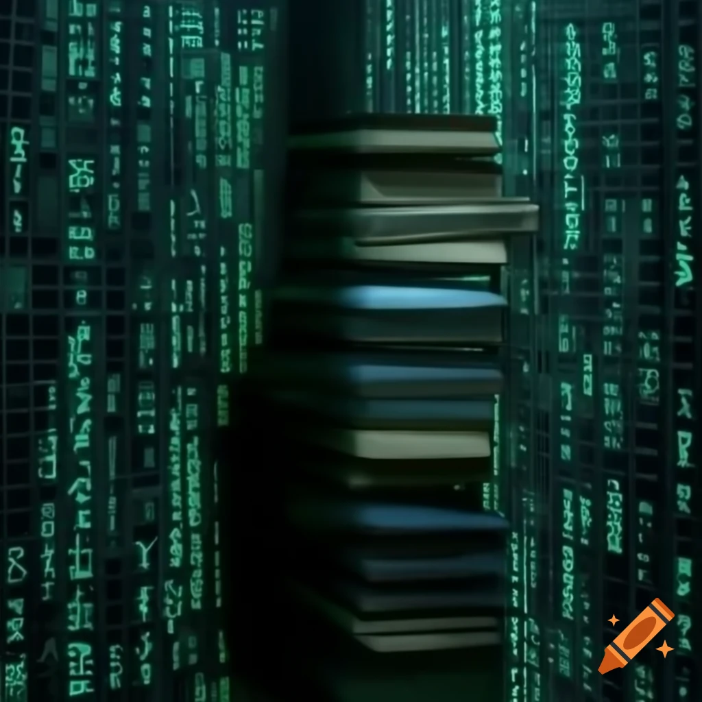 Matrix code visualization with bookcases in the background on Craiyon