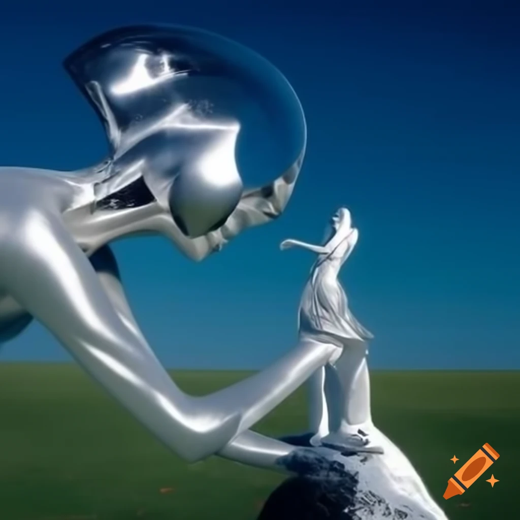 Pop surreal 2000's photography featuring anime-inspired silver statue ...