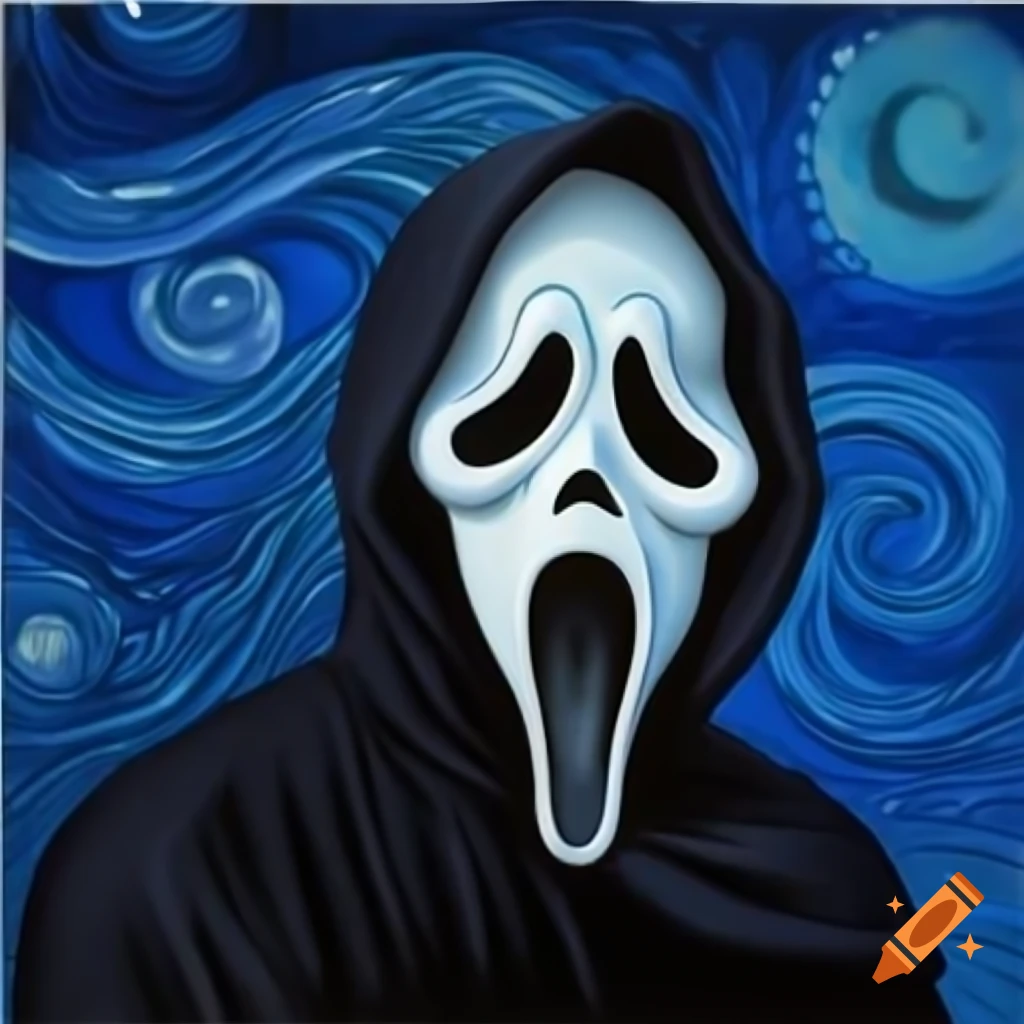 Ghostface mask on dark blue background with white dots, Van Gogh style ...