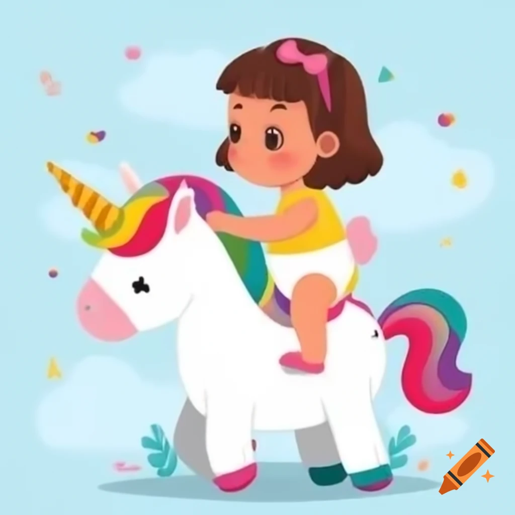 Child riding a unicorn in a whimsical setting on Craiyon