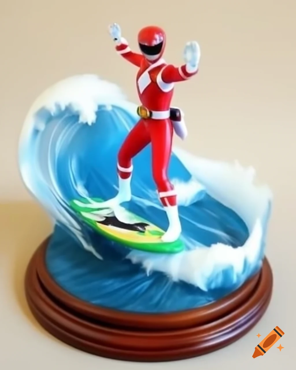 Power Ranger surfing a wave in miniature diorama on Craiyon