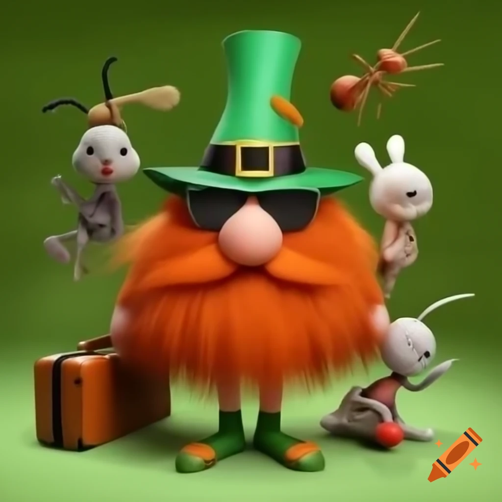 Whimsical scene of a man with green magician hat and bunny with orange ...