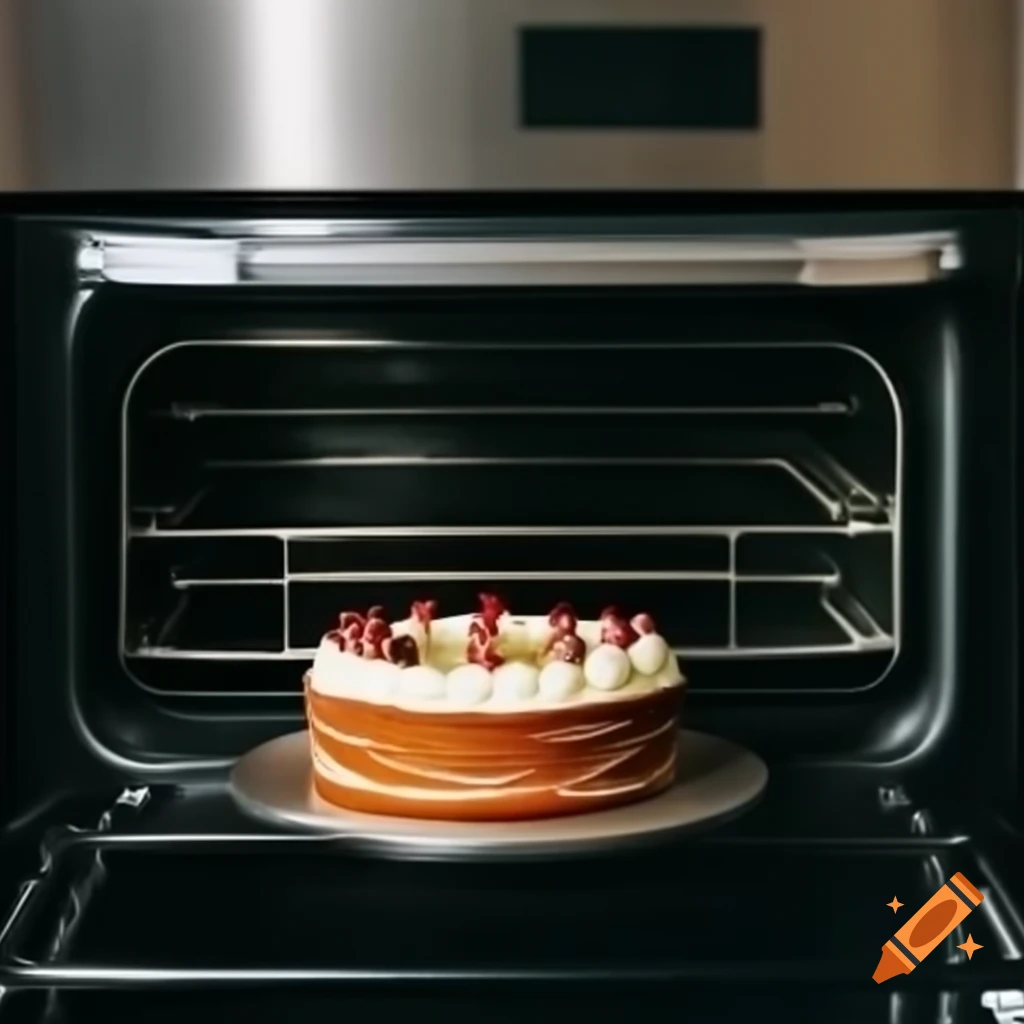 Oven with closed door and cake inside, viewed from outside on Craiyon