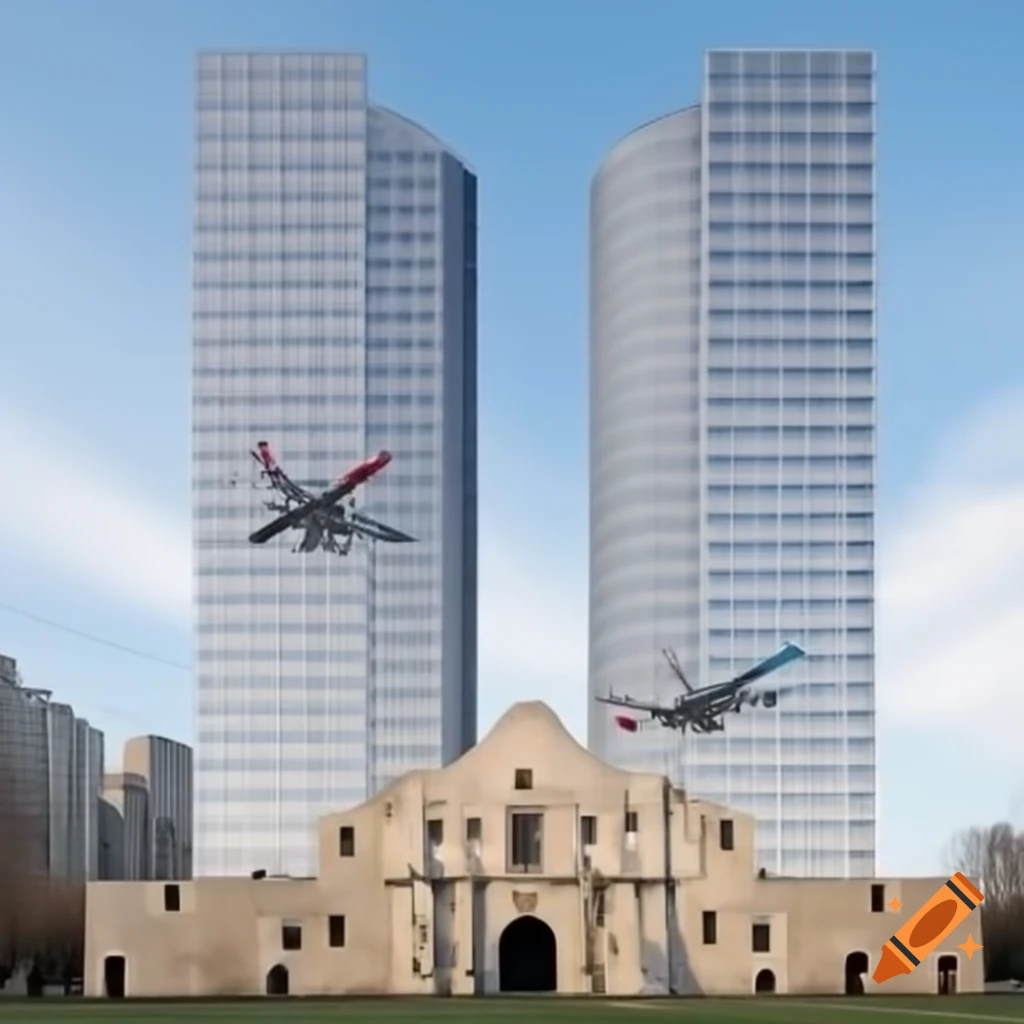 Twin towers with planes and the Alamo in the foreground on Craiyon