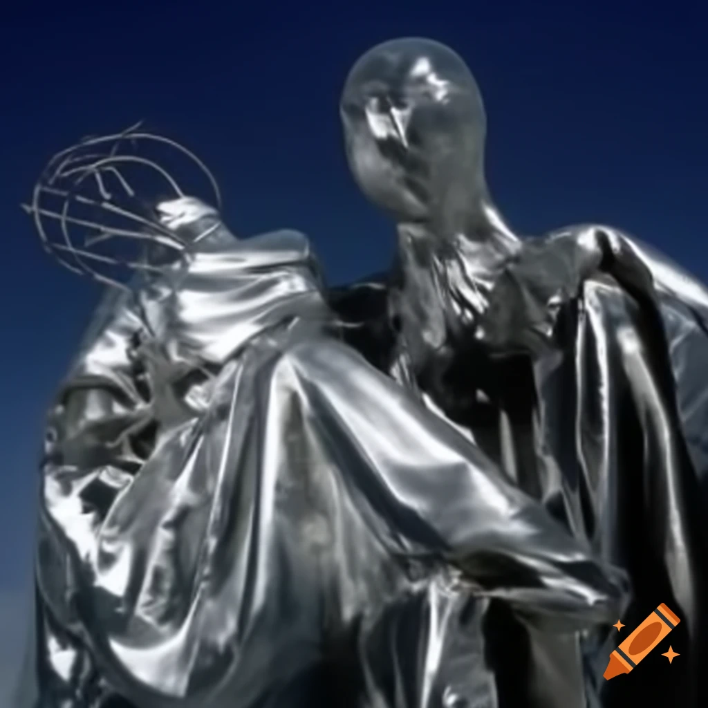 Pop surrealism photography featuring anime-inspired silver statue on ...