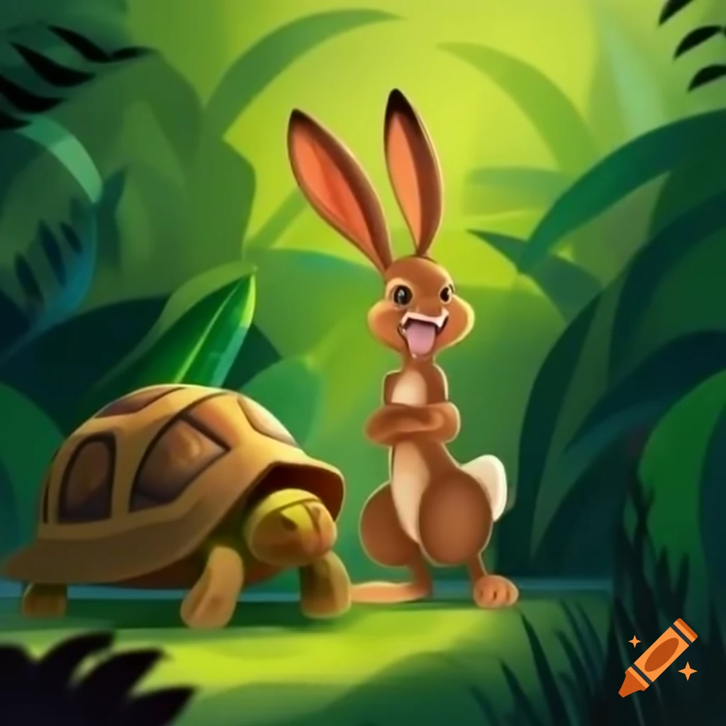 Mischievous hare in lush jungle laughing with calm tortoise watching on ...