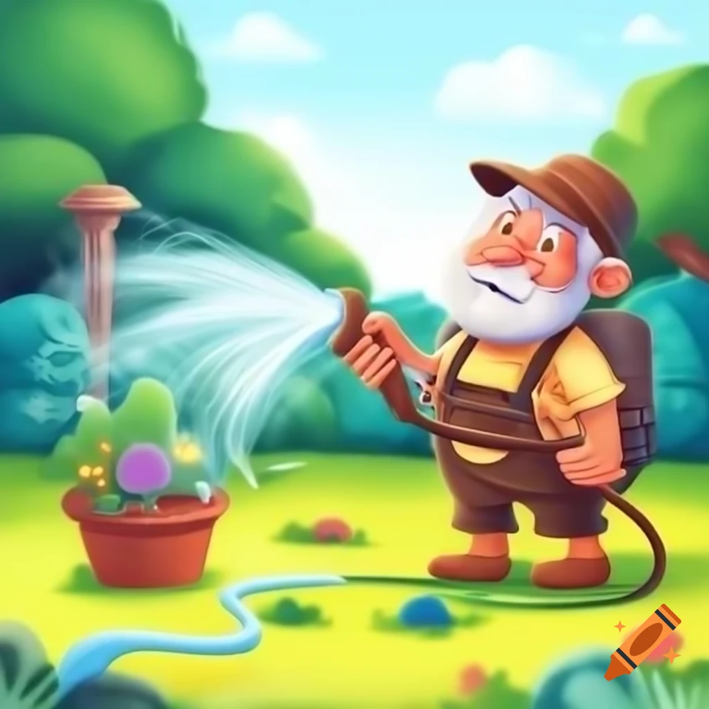 Cartoon illustration of old man watering garden with hose on Craiyon