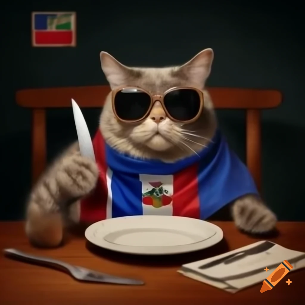 Cat at table with fork and knife, wearing sunglasses and Haitian flag ...