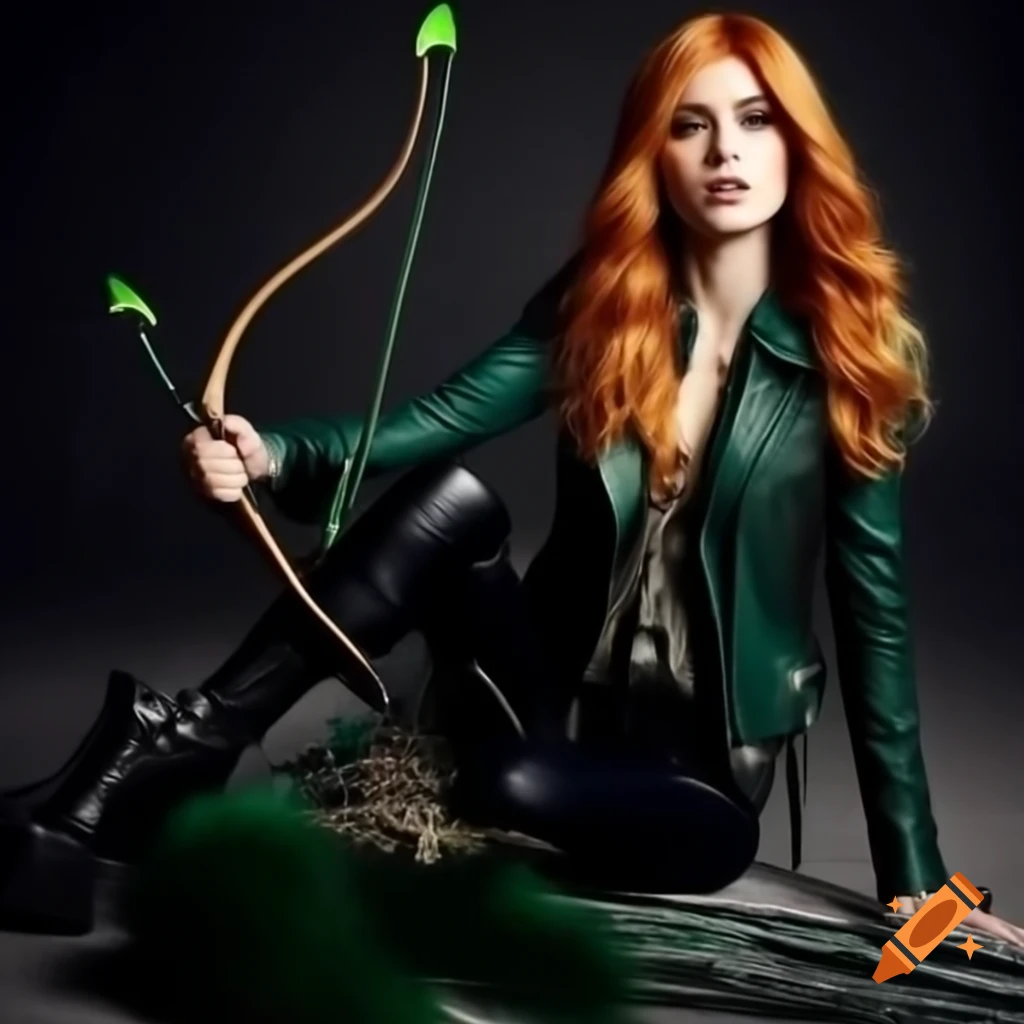 Katherine McNamara as Mia Queen in dark green leather outfit with bow and quiver of arrows on ...