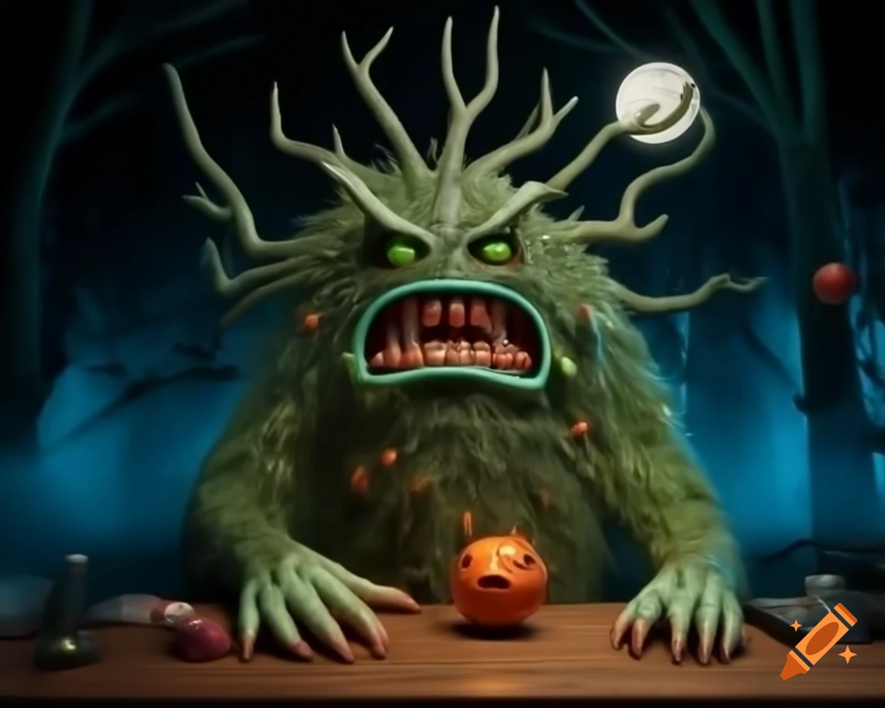 Hyper-realistic 3d tree monster with human-like teeth and fangs in dark ...