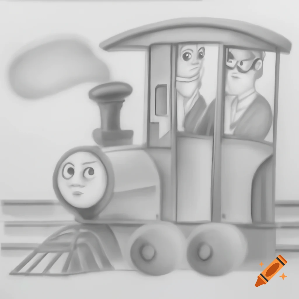 Pencil drawing of two friends on a train, humorous scene on Craiyon