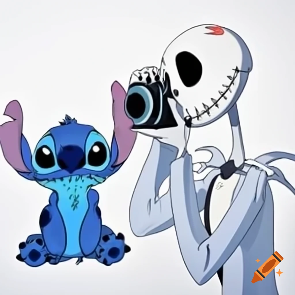 Stitch and jack skellington posing for photos with a camera on Craiyon