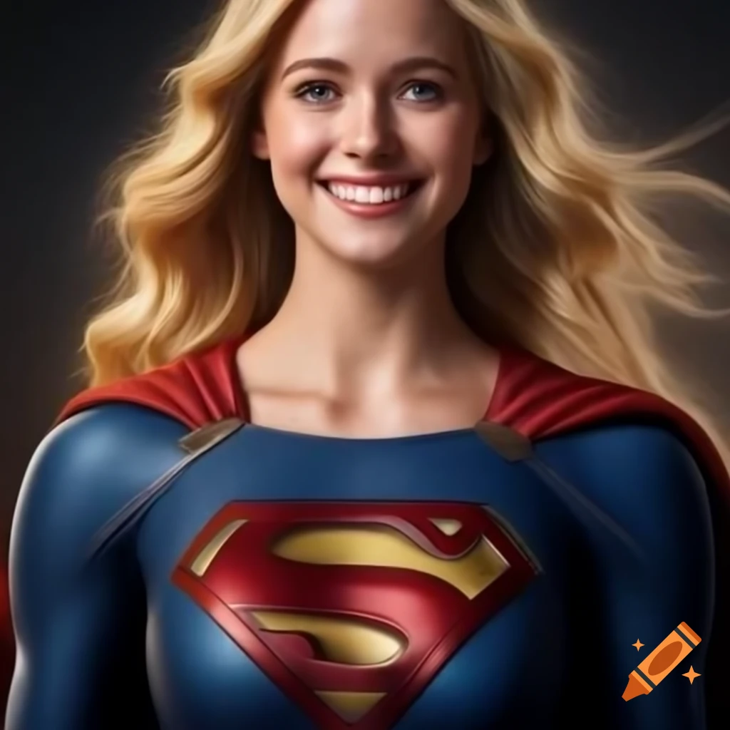 Photorealistic supergirl with blonde hair and happy expression in low ...