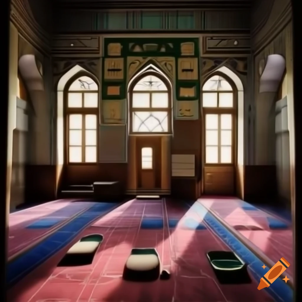Impressionist painting of traditional mosque interior with floor ...