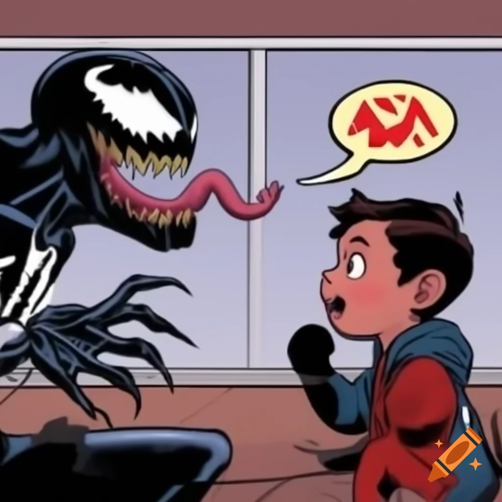 Comic panel featuring venom and host in action with chat bubbles on Craiyon