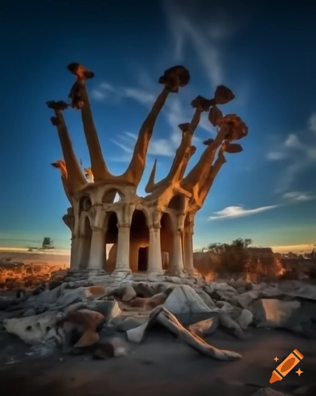 Colossal mushroom in resilient oasis amidst jagged mountain peaks on ...