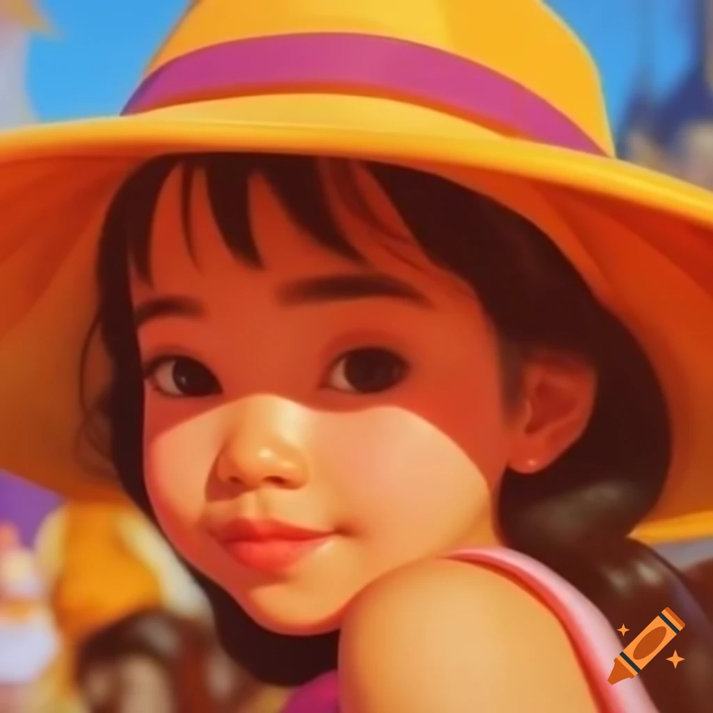 Close-up of girl wearing sun hat in disney style, 3/4 view on Craiyon