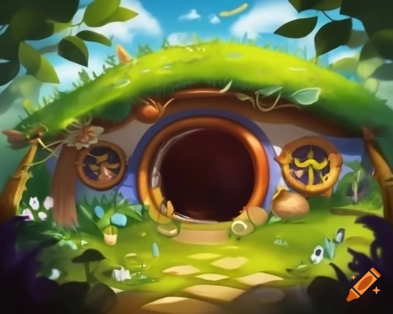 Whimsical hobbit burrow at sunrise with dewdrops and vibrant garden on ...