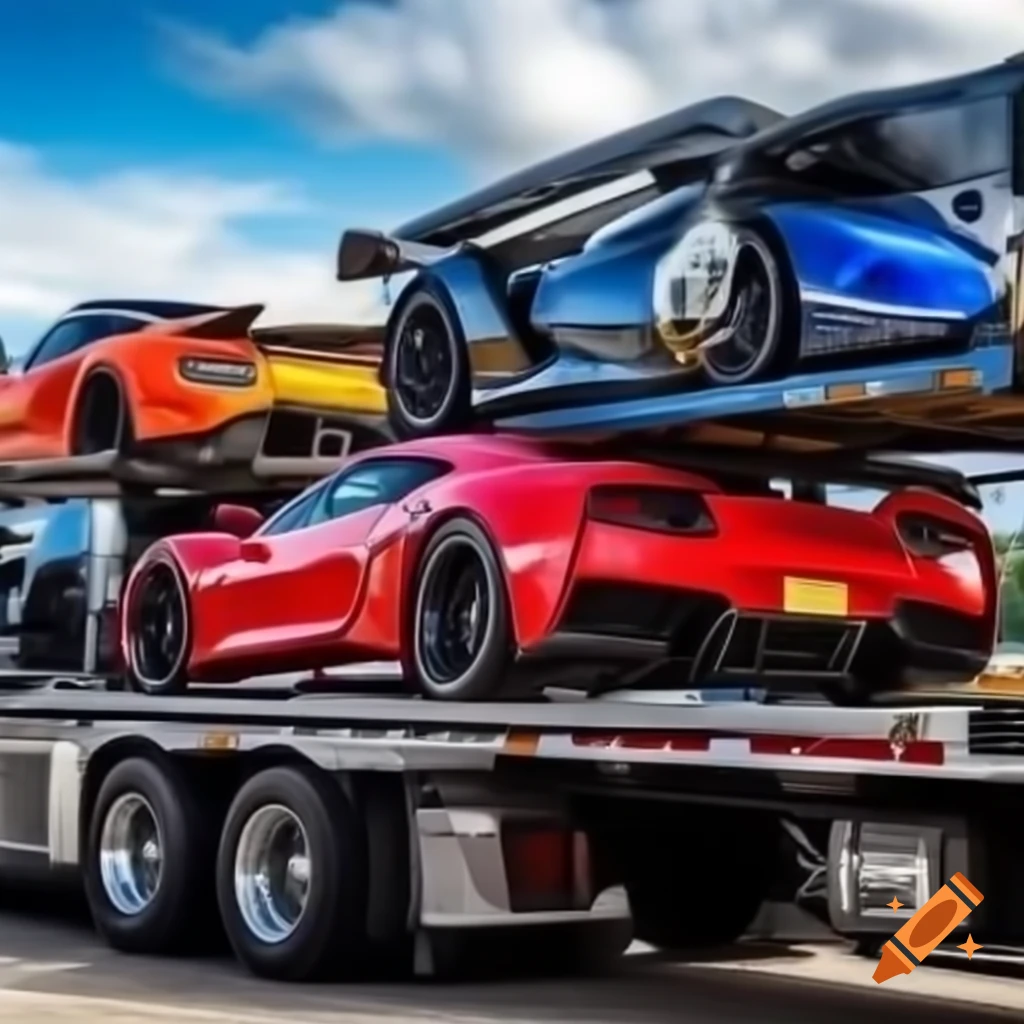 Six supercars being loaded onto an enclosed truck on Craiyon