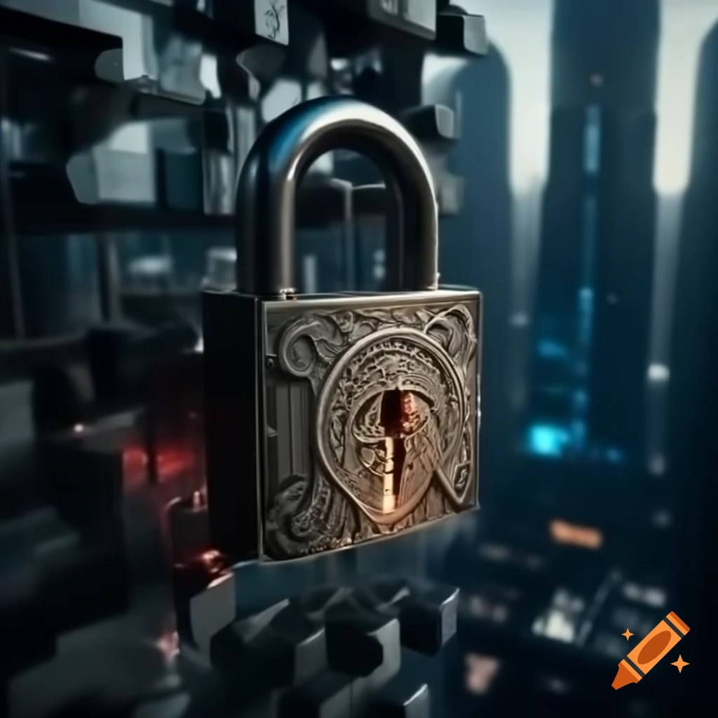 A futuristic, intricate cybernetic padlock is the center of the scene ...
