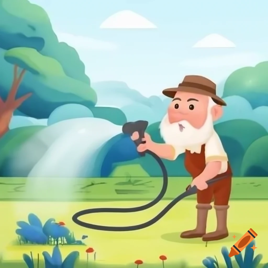 Cartoon of elderly man watering garden with hose on Craiyon