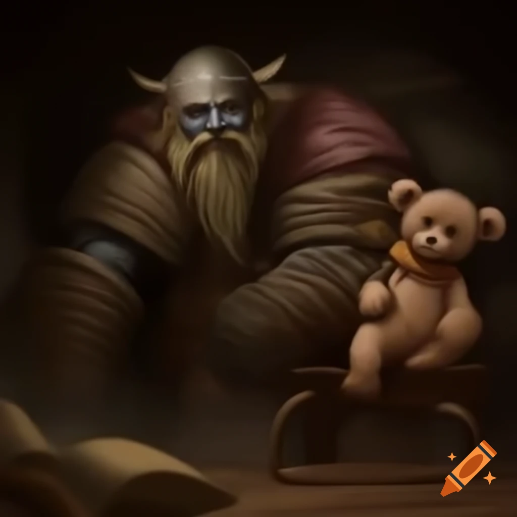 Goliath character with intimidating appearance holding a teddy bear on ...