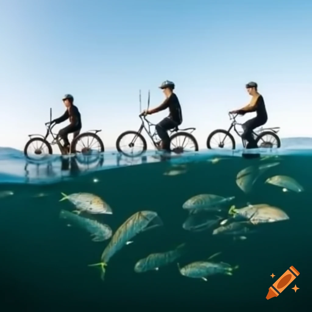 Fishes riding bicycles in the north sea on Craiyon