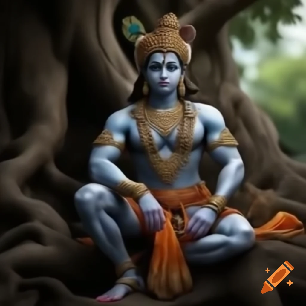 Lord krishna from ancient hindu mythology sitting under a tree on Craiyon