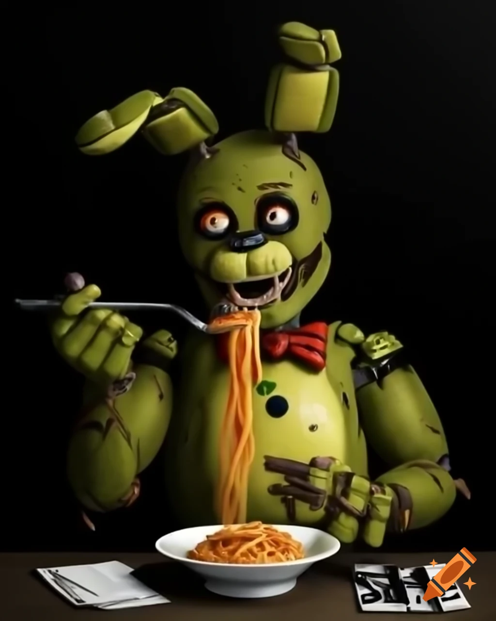 Withered rabbit enjoying spaghetti, reflecting melancholy with broken ...