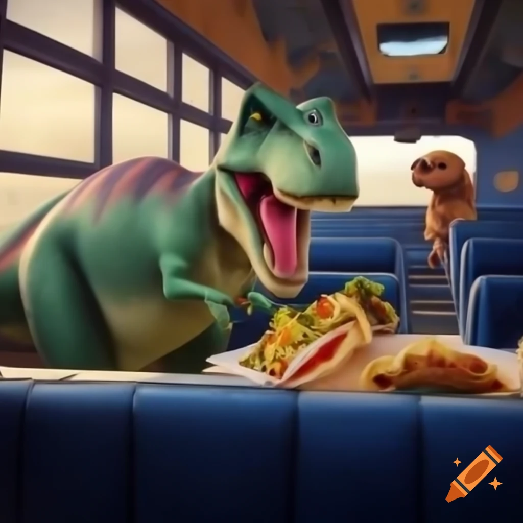 T-rex and dog happily eating tacos inside a school bus on Craiyon