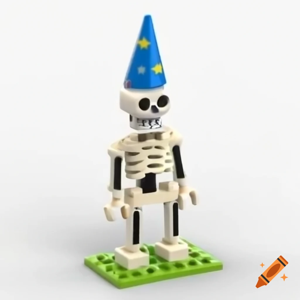 Cartoon-style 100-foot tall skeleton wearing birthday hat in a lego ...