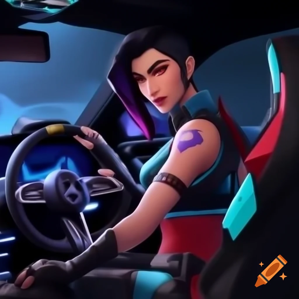 Reyna character from valorant driving a mercedes car on Craiyon