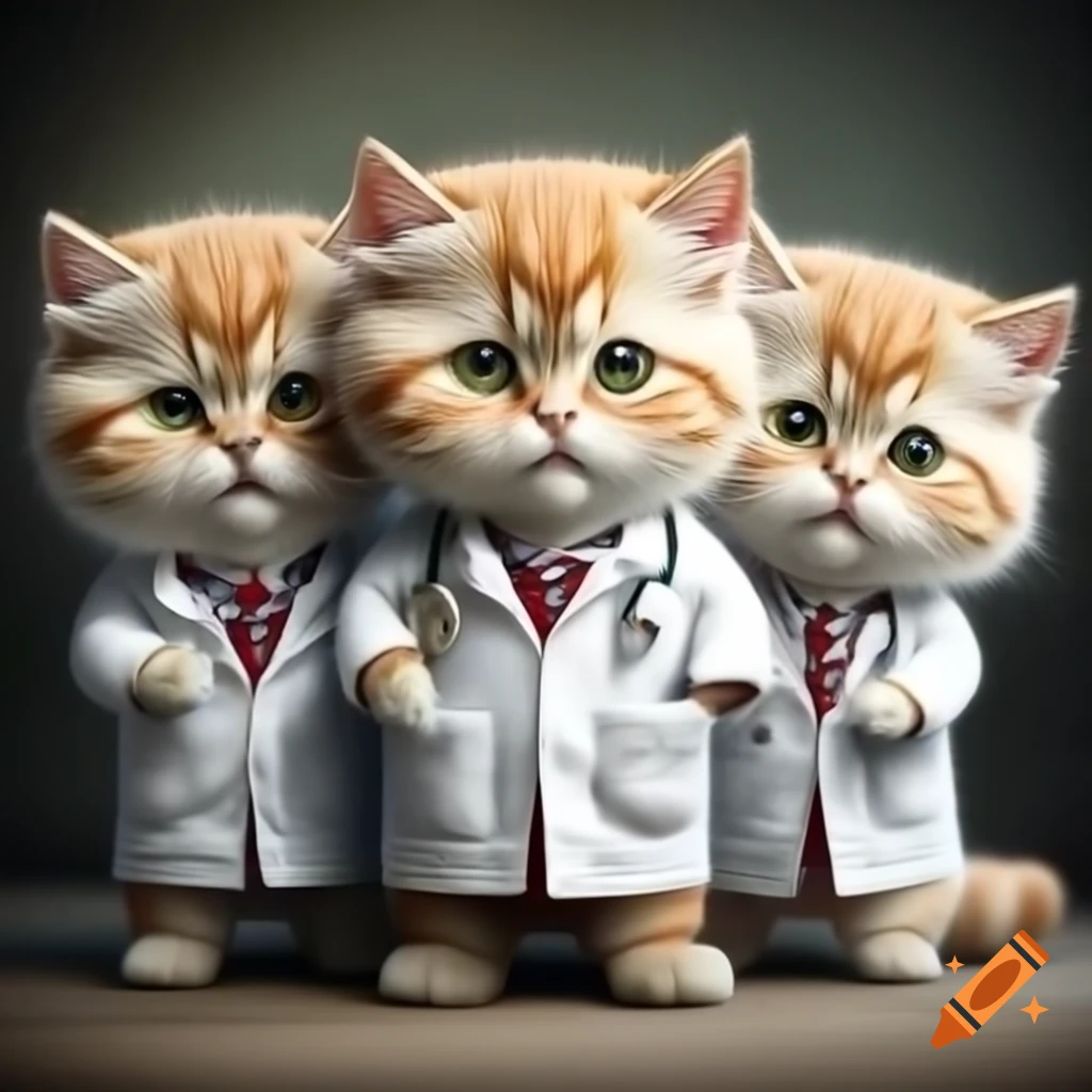 Cute Siberian cats in lab coats giving playful checkup to woman on Craiyon