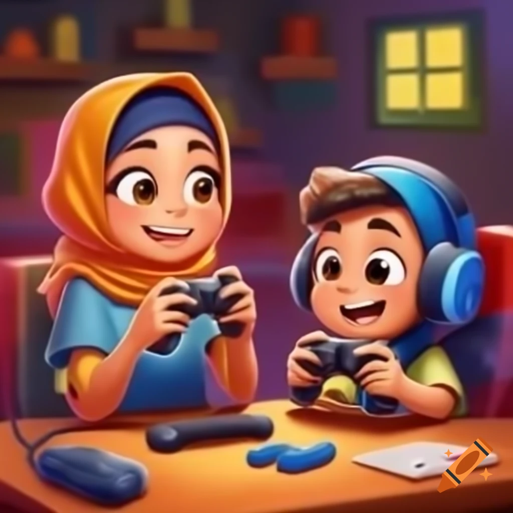 Gamer girl and boy in hijab playing PlayStation together on Craiyon