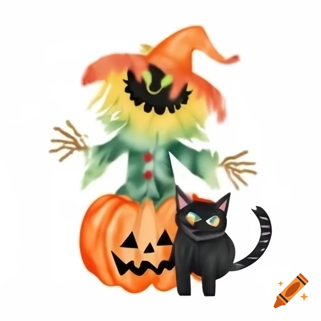 1980s Halloween illustration with jack o' lantern scarecrow and black ...