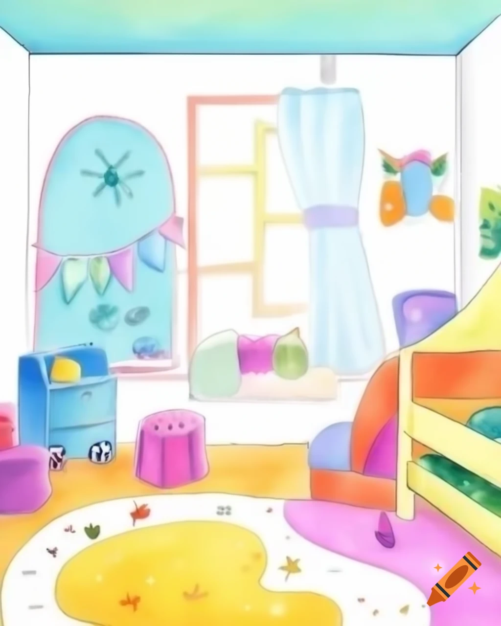 Cartoony children's room illustration on white background, watercolor ...