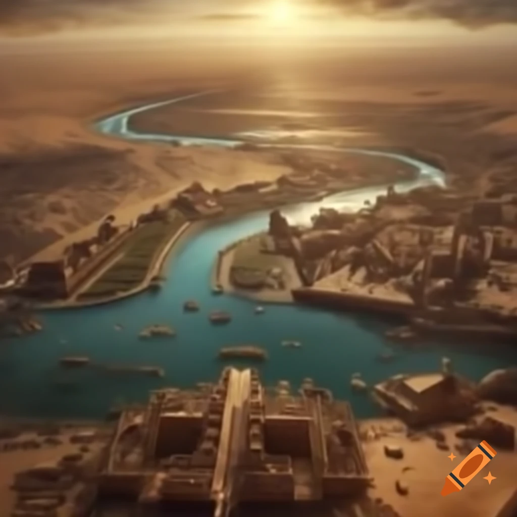 Bird's eye view of ancient Egyptian city with Nile river reflecting ...
