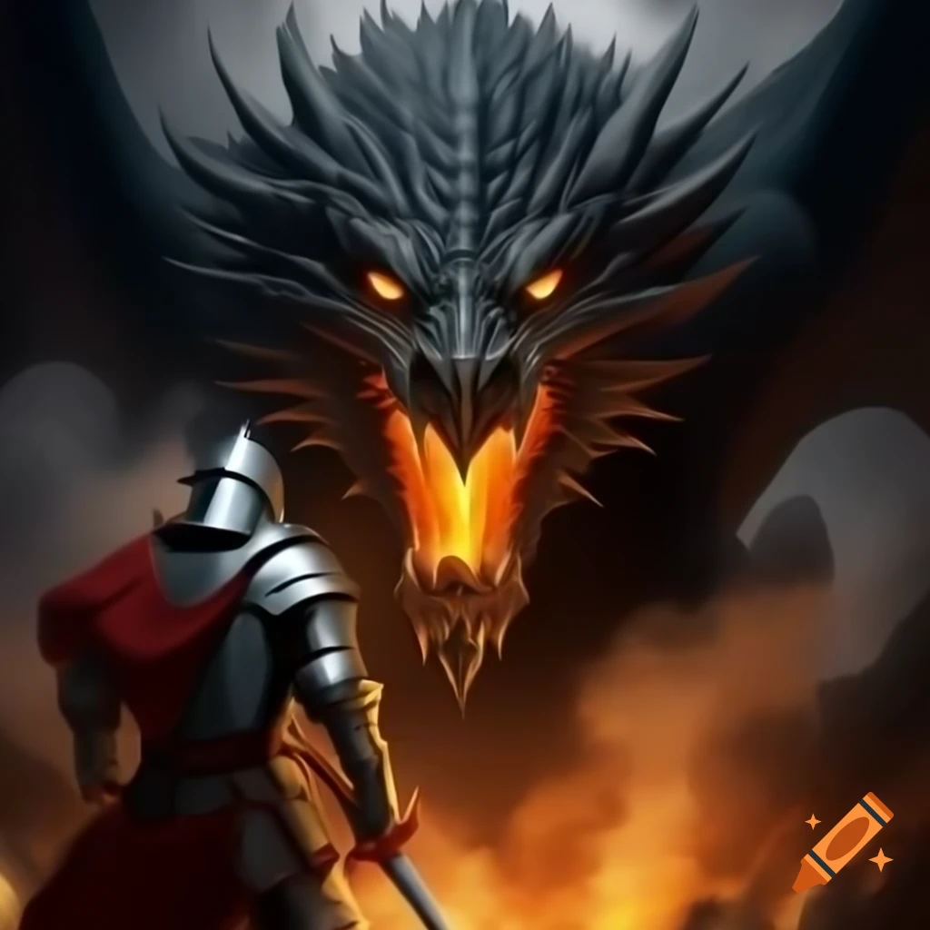 Medieval knight battling dragon breathing fire in black and white on ...