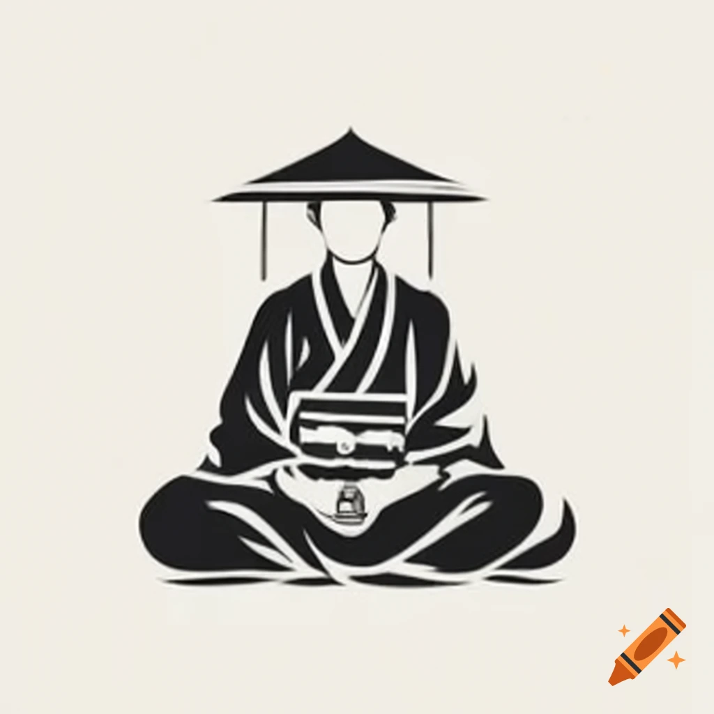 Minimalist black and white logo of meditating monk in traditional kasa ...
